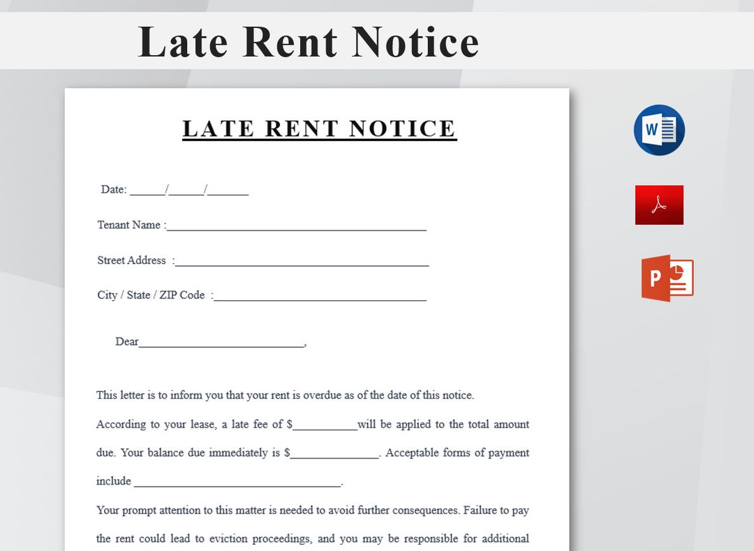 Late Rent Notice Printable Landlord Template Rental Contract Editable ...