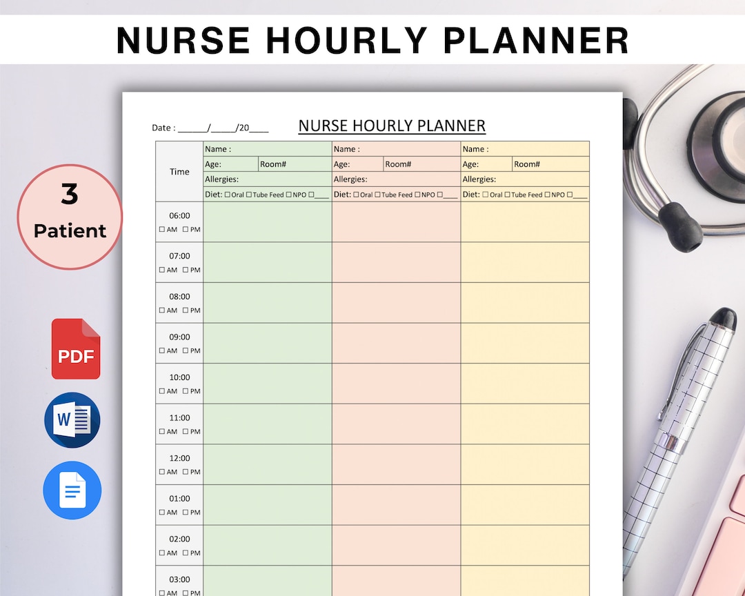 Nurse Hourly Planner. Editable Nurse Hourly to Do. Printable 3 Patients ...