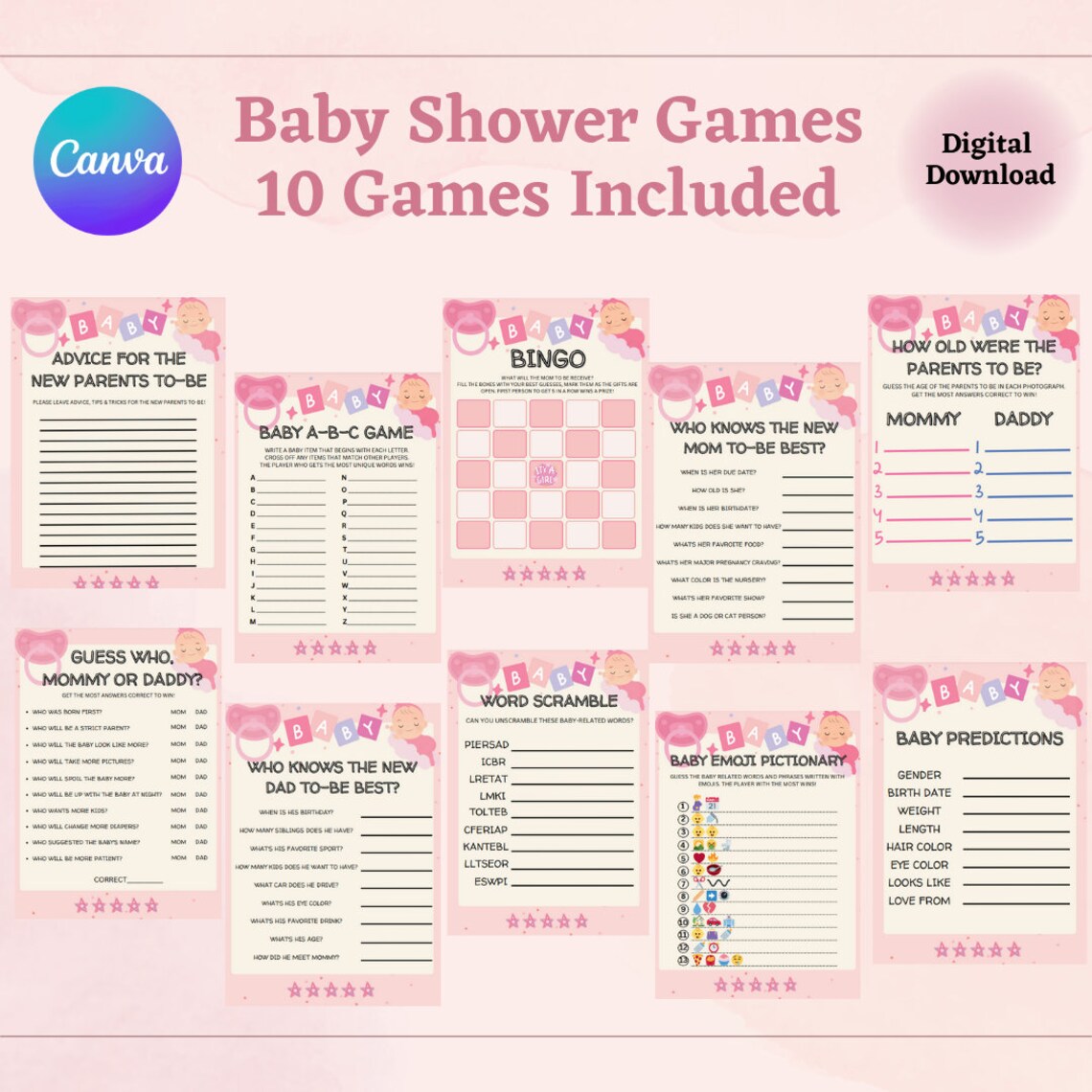 Pink Baby Shower Games Bundle: Editable Girl Games (CANVA Digital ...