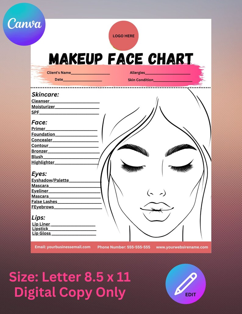 CANVA Editable Makeup Face Chart Template - Etsy