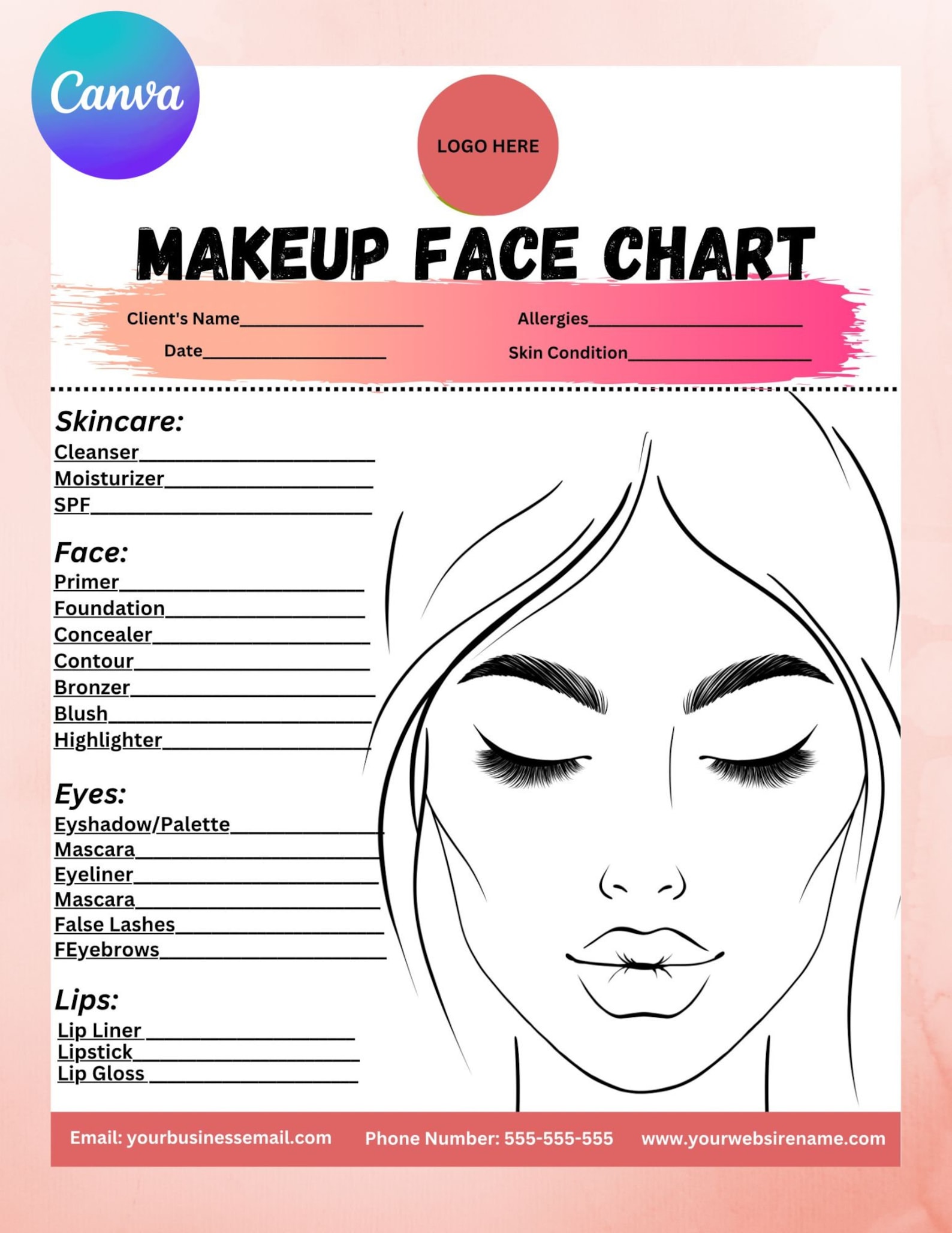 CANVA Editable Makeup Face Chart Template - Etsy