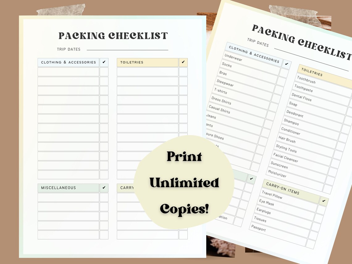 Printable Travel Packing List Pre-filled and Un-filled Vacation Packing ...