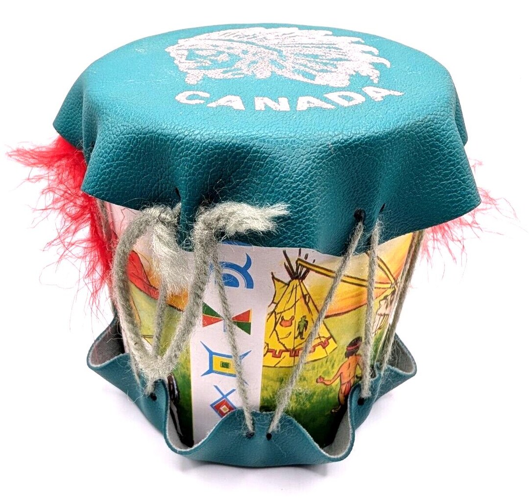 Vintage 60s Canada First Nations Small Souvenir Drum W/ Feather Trim 5 ...