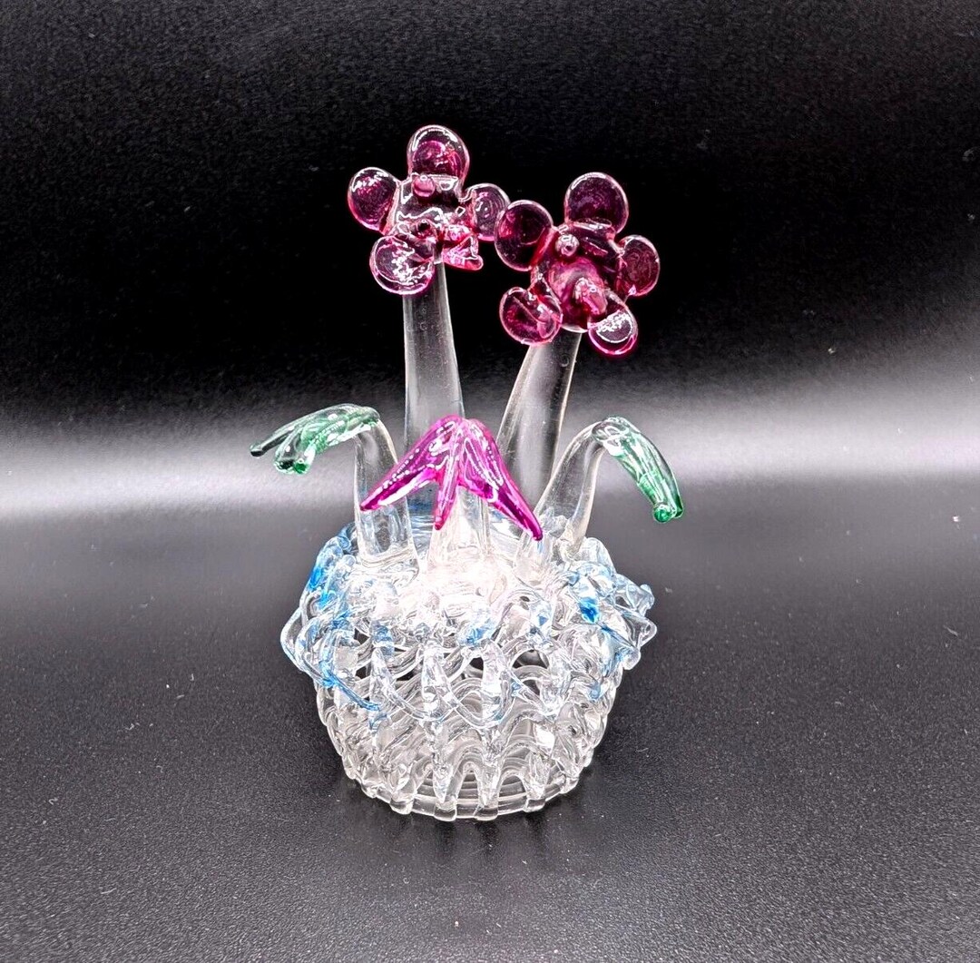 Vtg Hand Blown Stretched Spun Glass Floral Arrangement Miniature ...