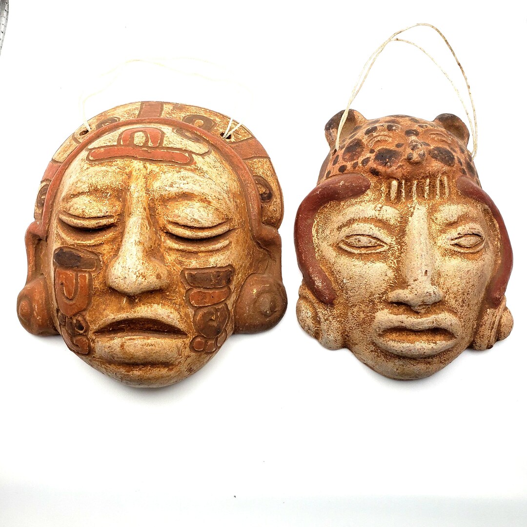 Set of 2 Vintage Mayan Aztec Mexican Face Masks Wall Decor Ceramic ...