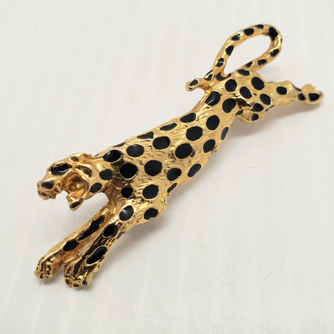 Vintage Gold Tone and Enamel Cheetah Brooch Pin 2.5 Costume Jewelry VGC ...