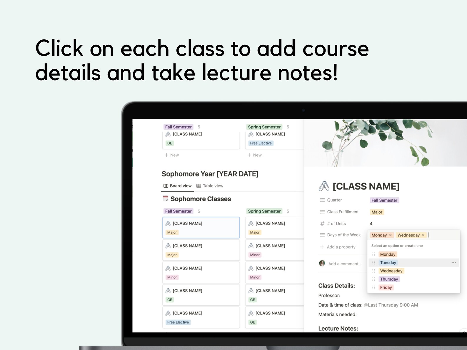 Semester System Course Schedule Planner Notion Template, Class Planner ...