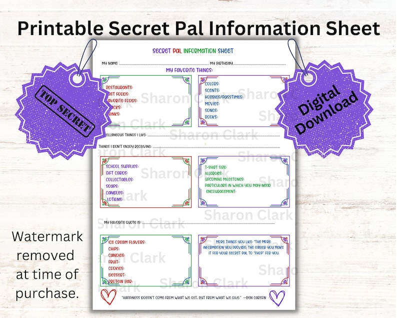 Secret Pal Information Sheet, Secret Pal Information Form, Colorful ...
