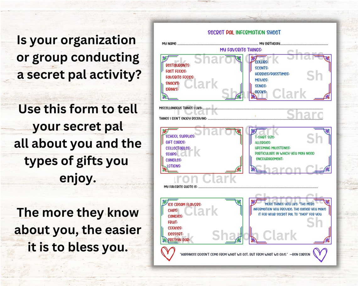 Secret Pal Information Sheet, Secret Pal Information Form, Colorful ...