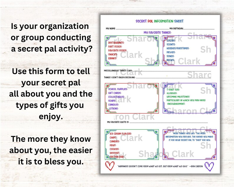Secret Pal Information Sheet, Secret Pal Information Form, Colorful ...