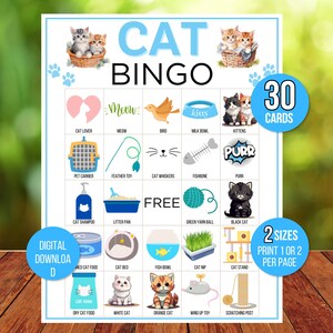 Cat Bingo, 30 Printable Cat Bingo Cards, Cat Birthday Party Game, Cat ...