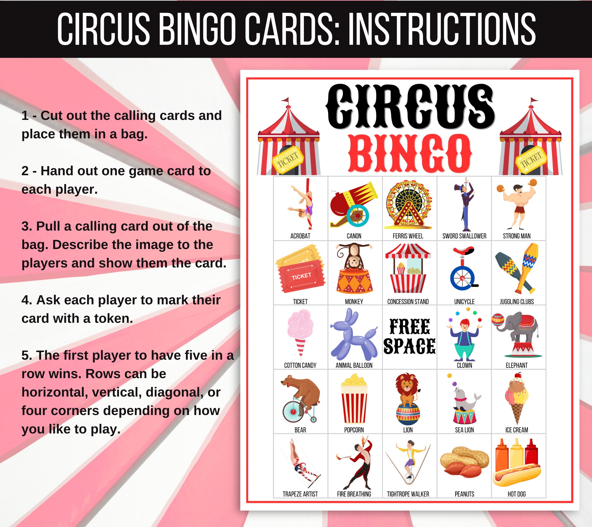 CIRCUS Printable BINGO Game Instant Download Printable Bingo Game Cute ...