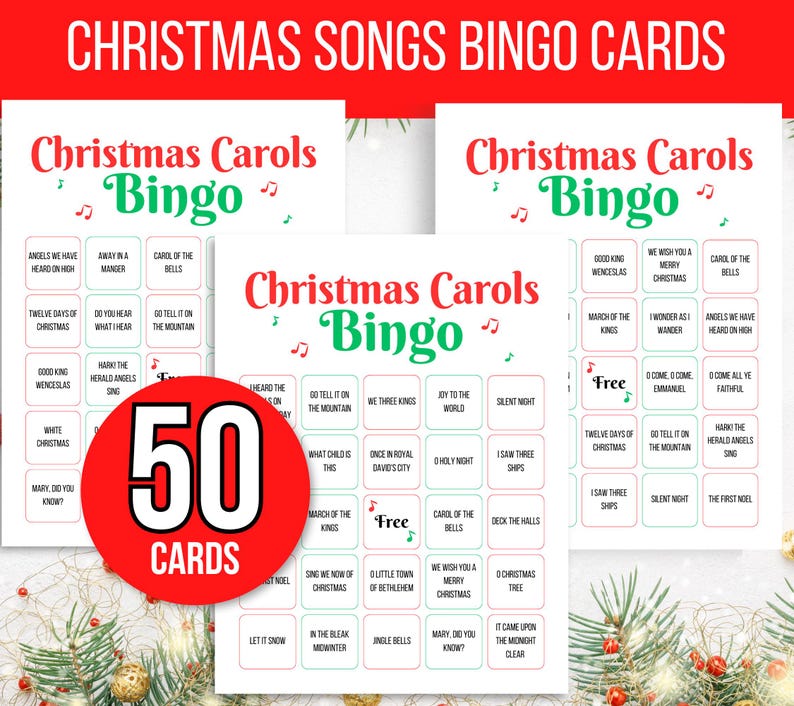 Christmas Carol Bingo, 50 Printable Christmas Carol Bingo Cards ...