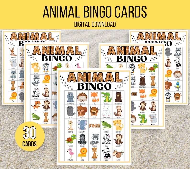 Animal Bingo, 30 Printable Animal Bingo Cards, Animal Party Game ...