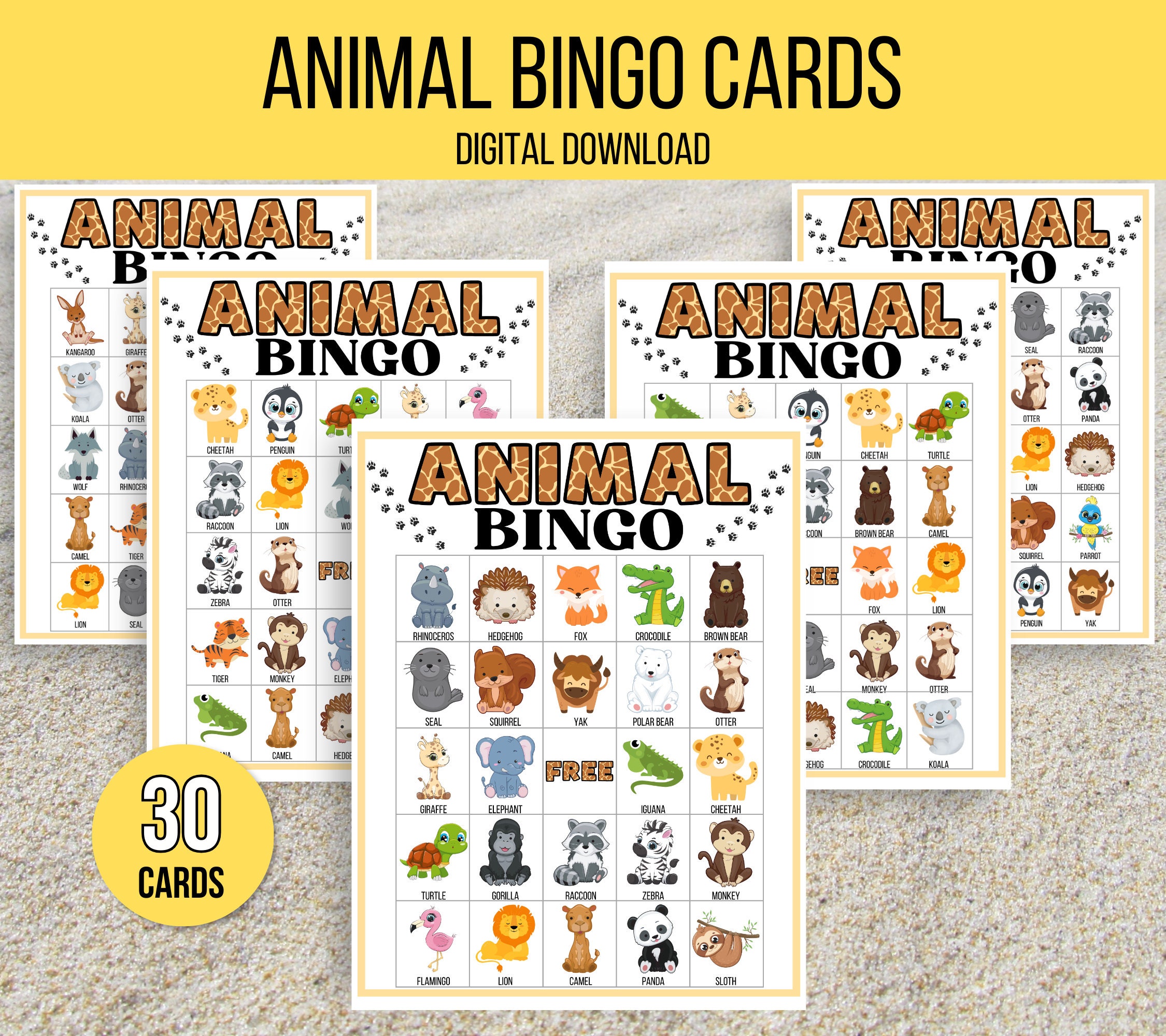 Animal Bingo, 30 Printable Animal Bingo Cards, Animal Party Game ...
