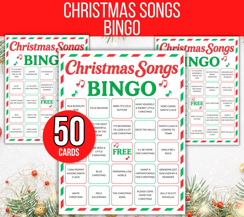 Christmas Songs Bingo, 50 Printable Christmas Songs Bingo Cards ...