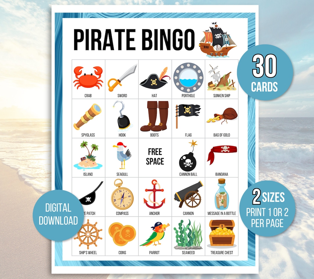 Pirate Bingo, 30 Printable Pirate Bingo Cards, Pirate Birthday, Pirate ...