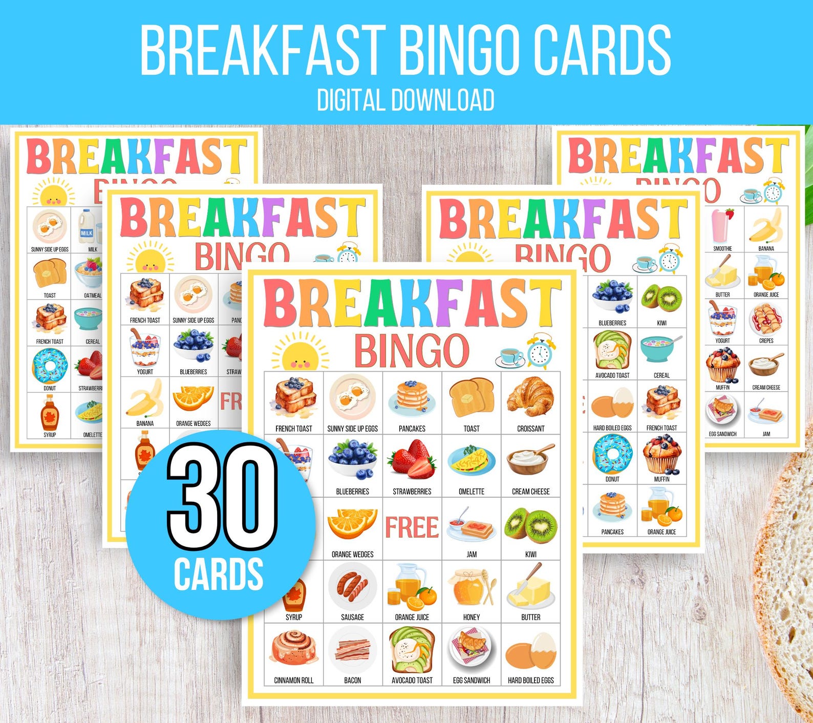 Breakfast Bingo, 30 Printable Breakfast Bingo Cards, Breakfast Bingo ...