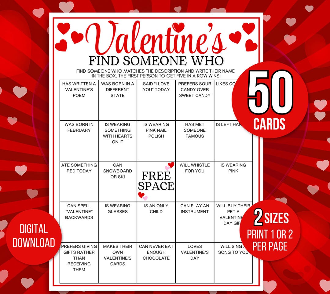 Valentine's Bingo, Valentine's Get to Know You Bingo, Find Someone Who ...