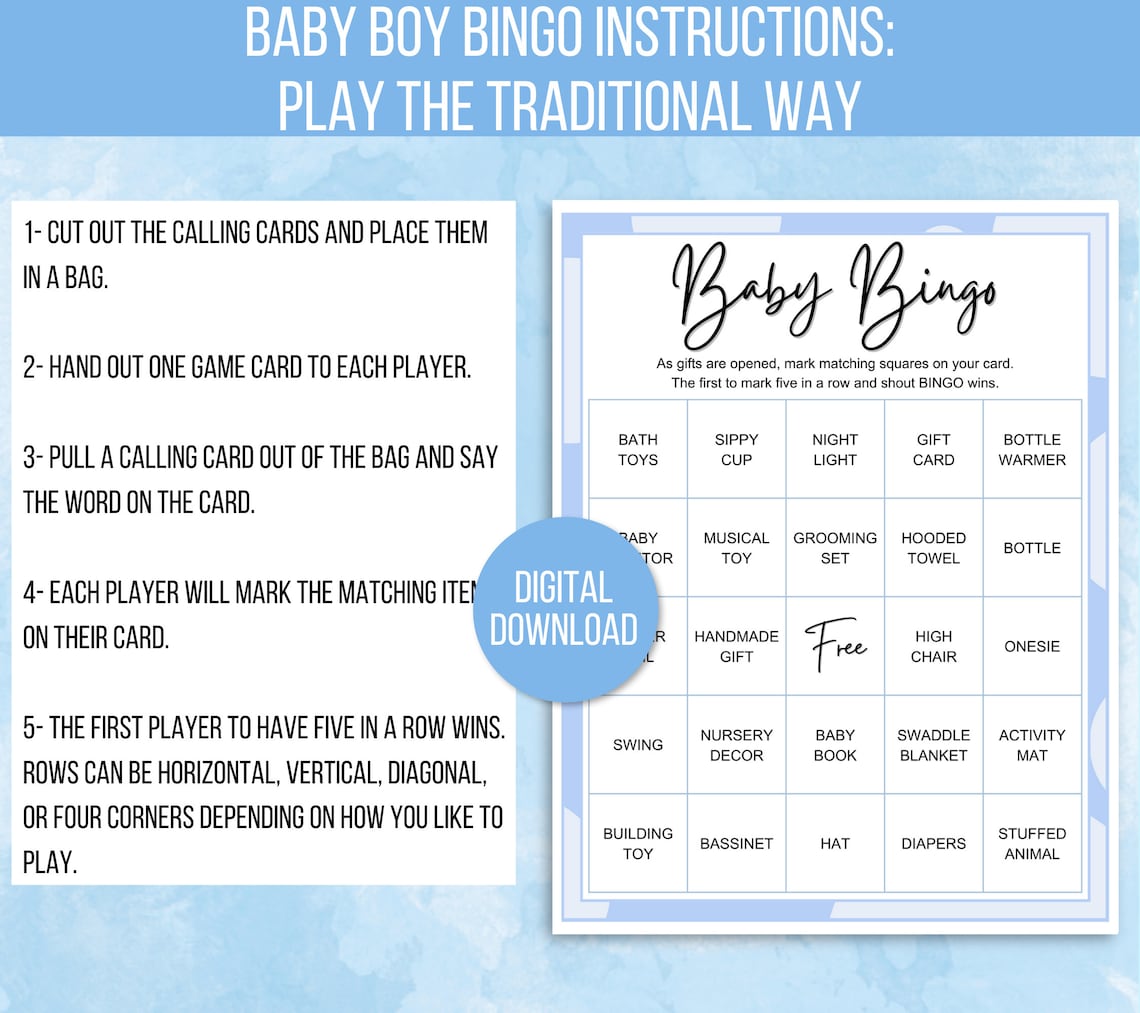 Baby Boy Bingo, 60 Baby Boy Bingo Cards, Baby Shower Bingo, Baby Shower ...