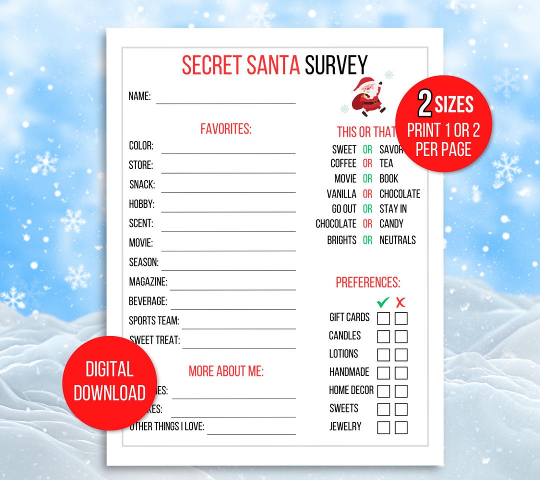 Secret Santa Questionnaire, Printable Secret Santa Survey, Gift ...