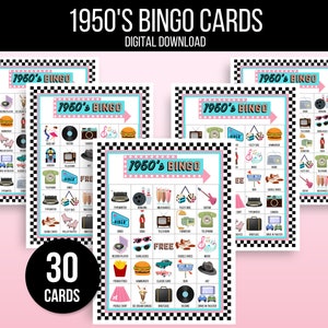 50s Bingo, 1950s Bingo, 30 Printable 1950s Bingo Cards, 50s Game, 50s ...