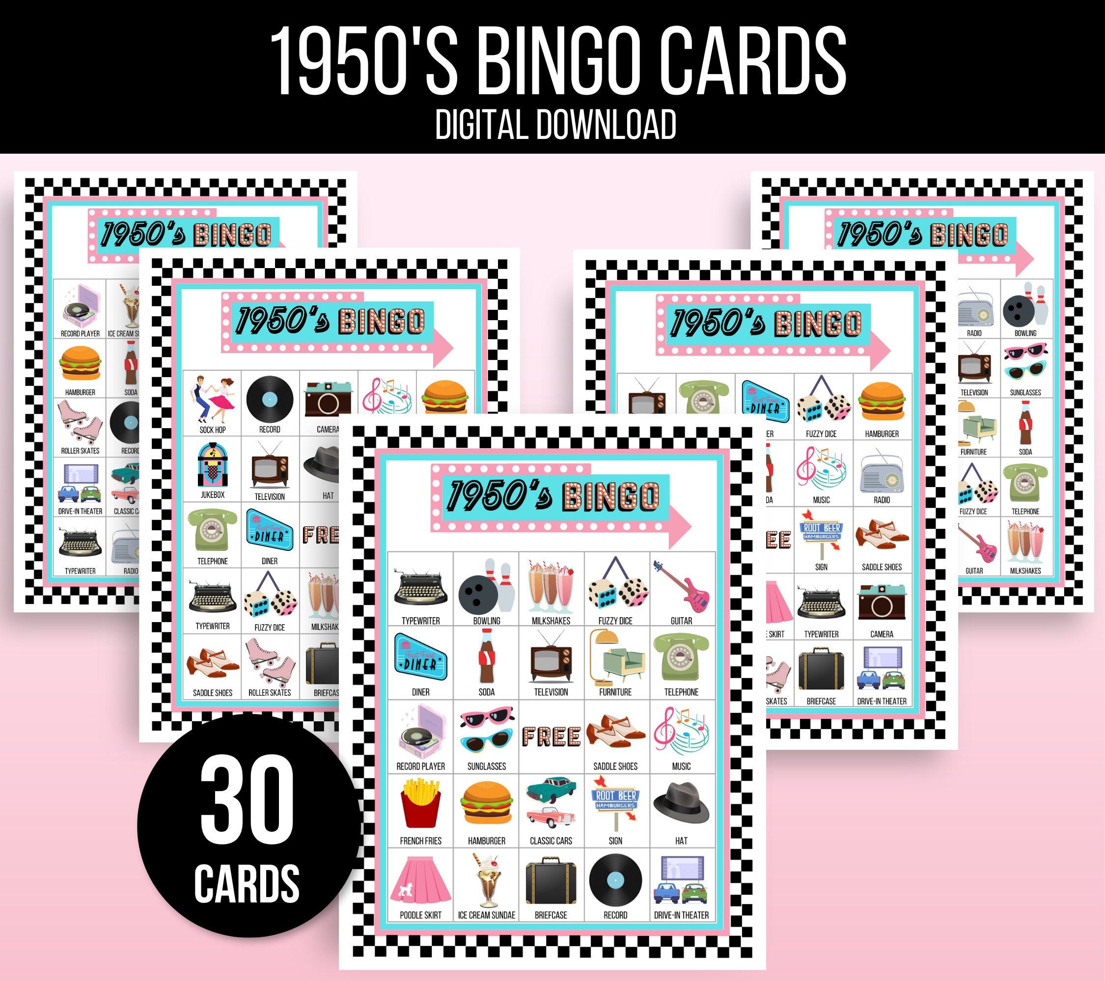 50s Bingo, 1950s Bingo, 30 Printable 1950s Bingo Cards, 50s Game, 50s ...