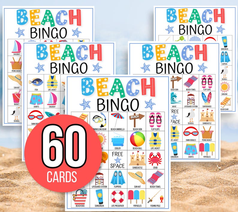 Beach Bingo, 60 Printable Beach Bingo Cards, Summer Bingo, Fun in the ...