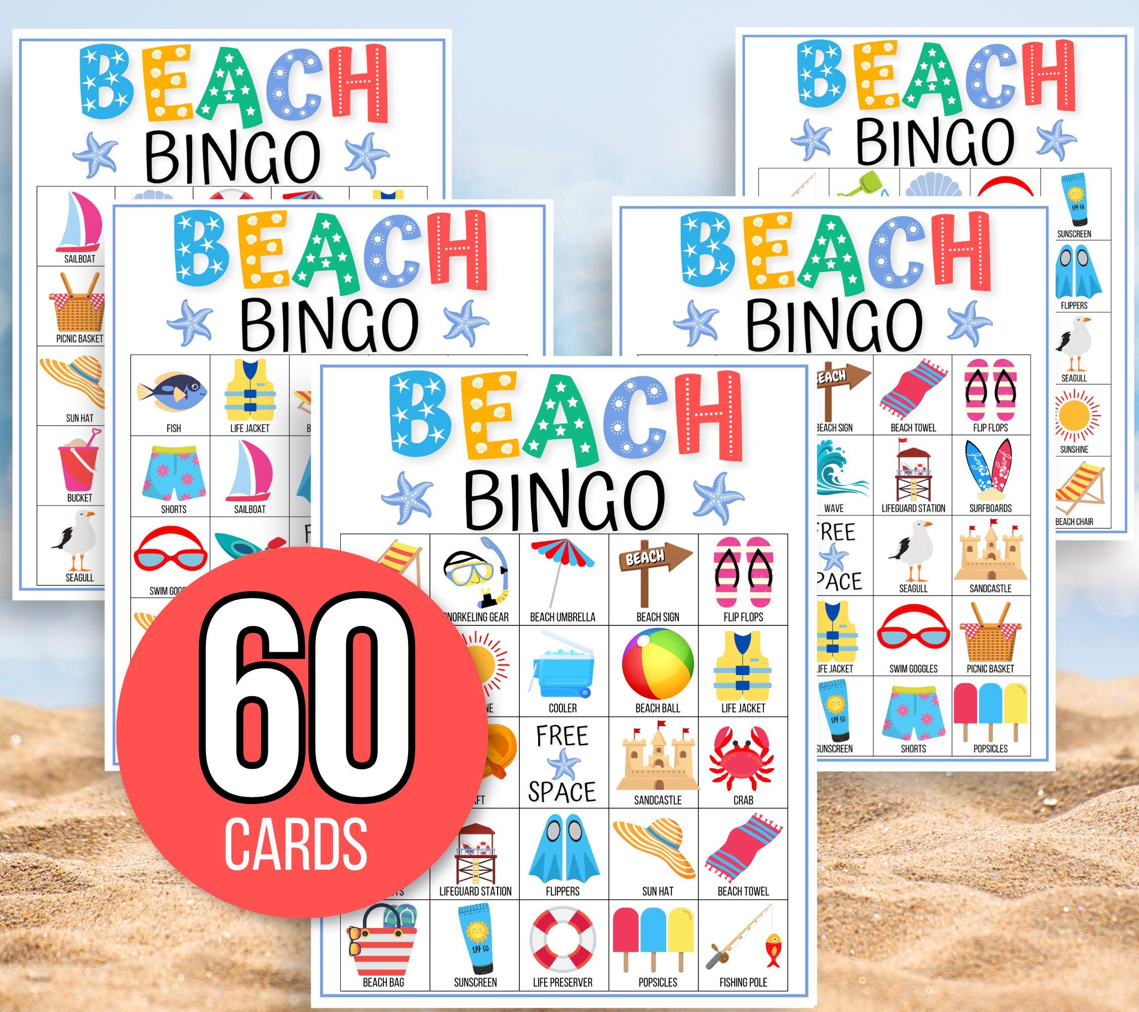 Beach Bingo, 60 Printable Beach Bingo Cards, Summer Bingo, Fun in the ...