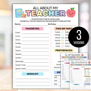 All About My Teacher, Teacher Favorite Things Printable, Get to Know ...