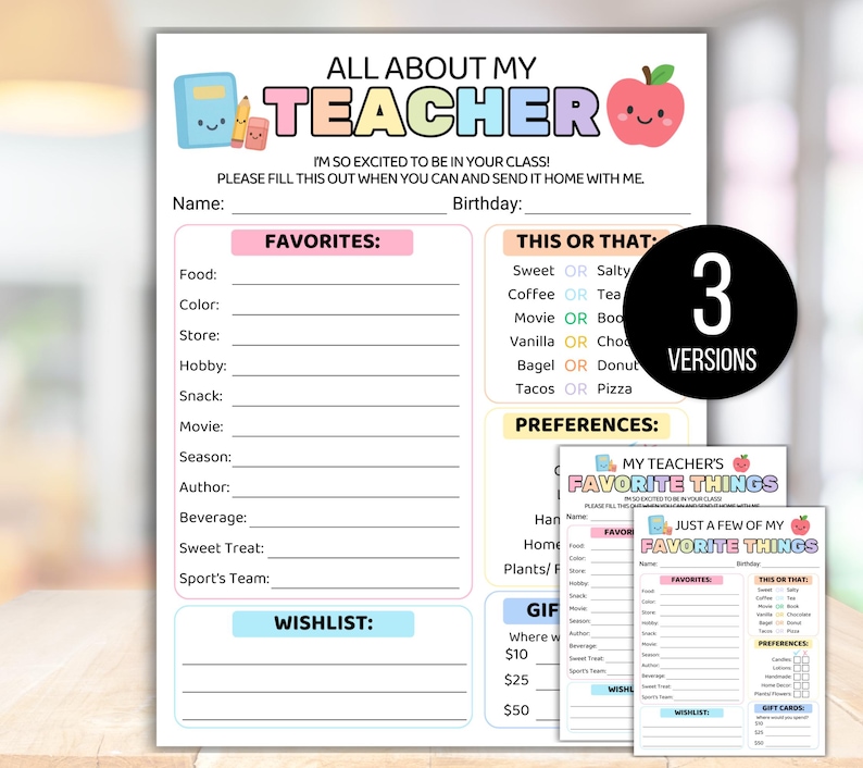 All About My Teacher, Teacher Favorite Things Printable, Get to Know ...