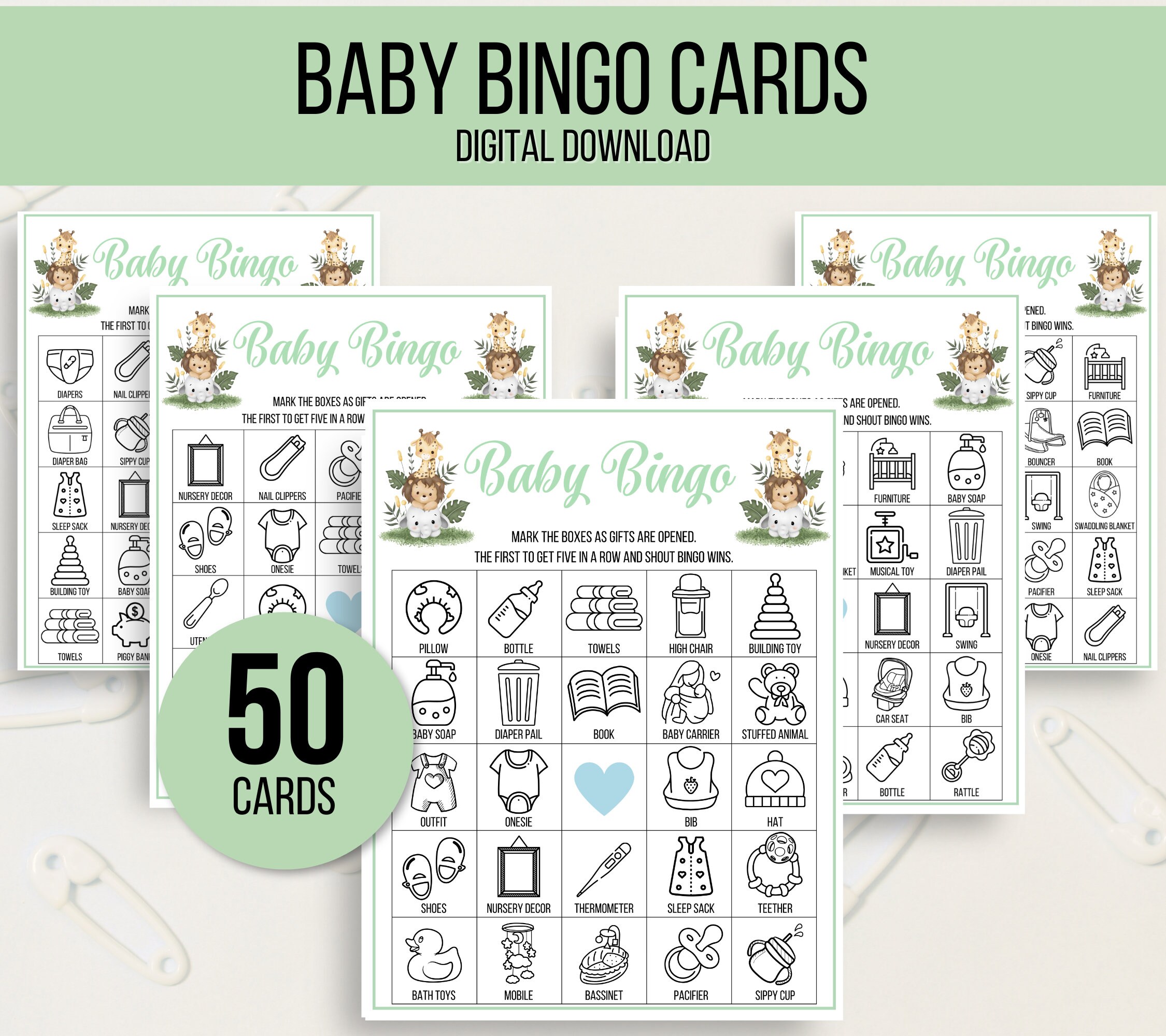 Baby Bingo, 50 Safari Baby Bingo Cards, Baby Shower Bingo, Baby Shower ...