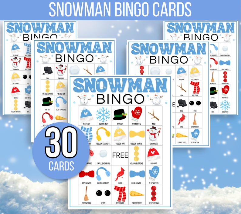Snowman Bingo, Winter Bingo, 30 Printable Snowman Bingo Cards, Winter ...