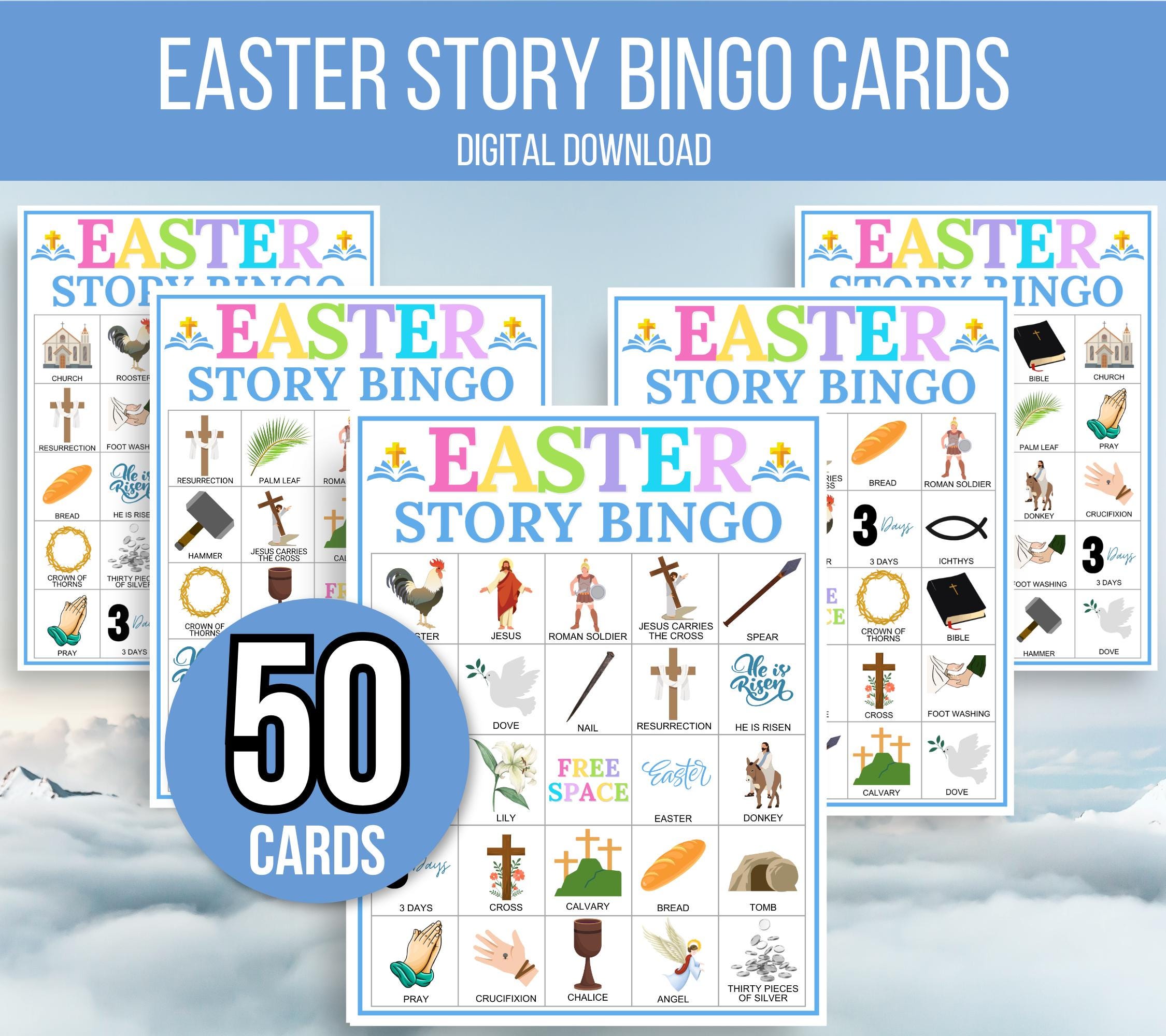 Easter Story Bingo, 50 Religious Easter Bingo Cards, Easter Bible Bingo ...