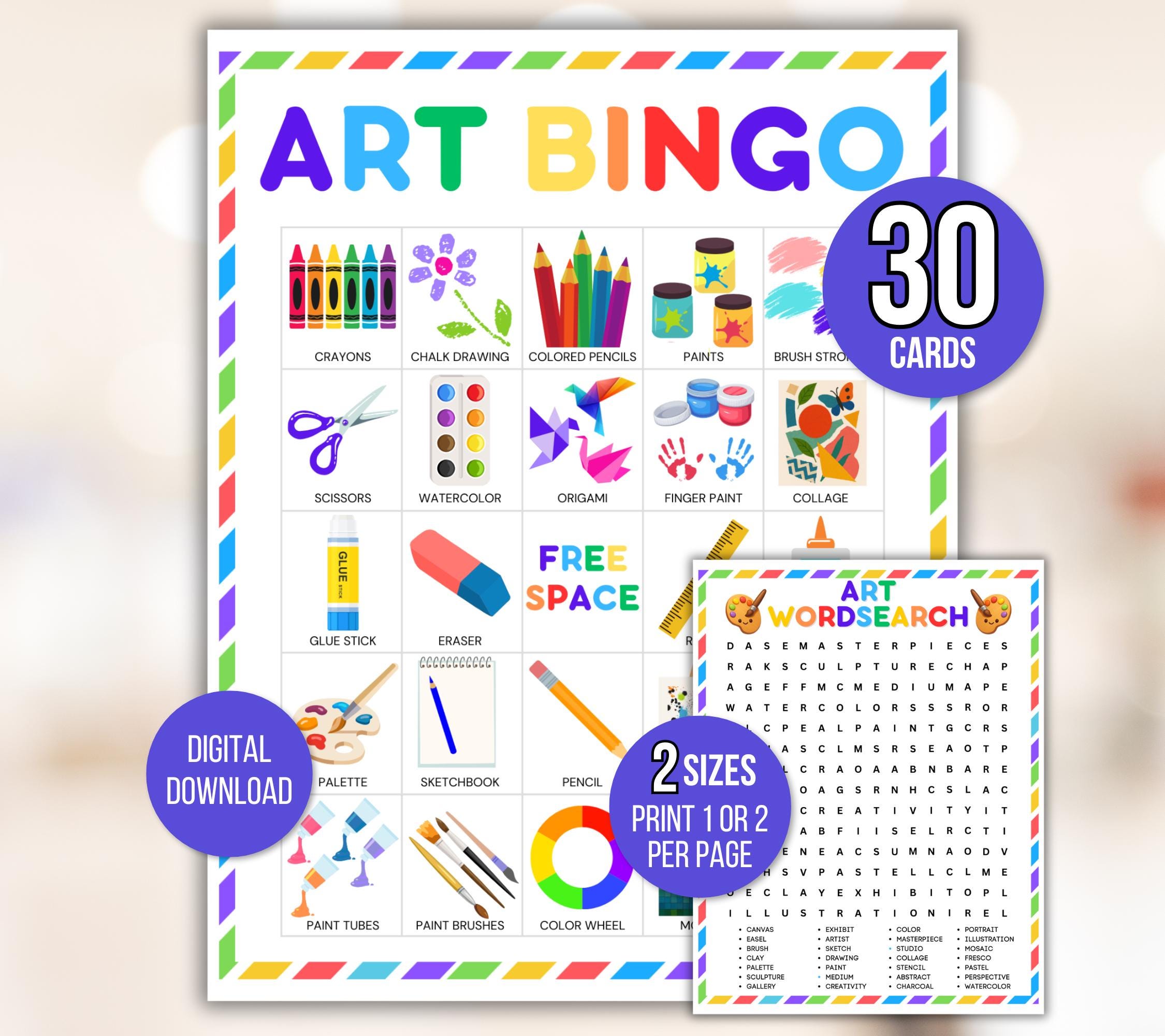 Art Bingo, 30 Printable Art Bingo Cards, Art Game, Art Party Game, Art ...