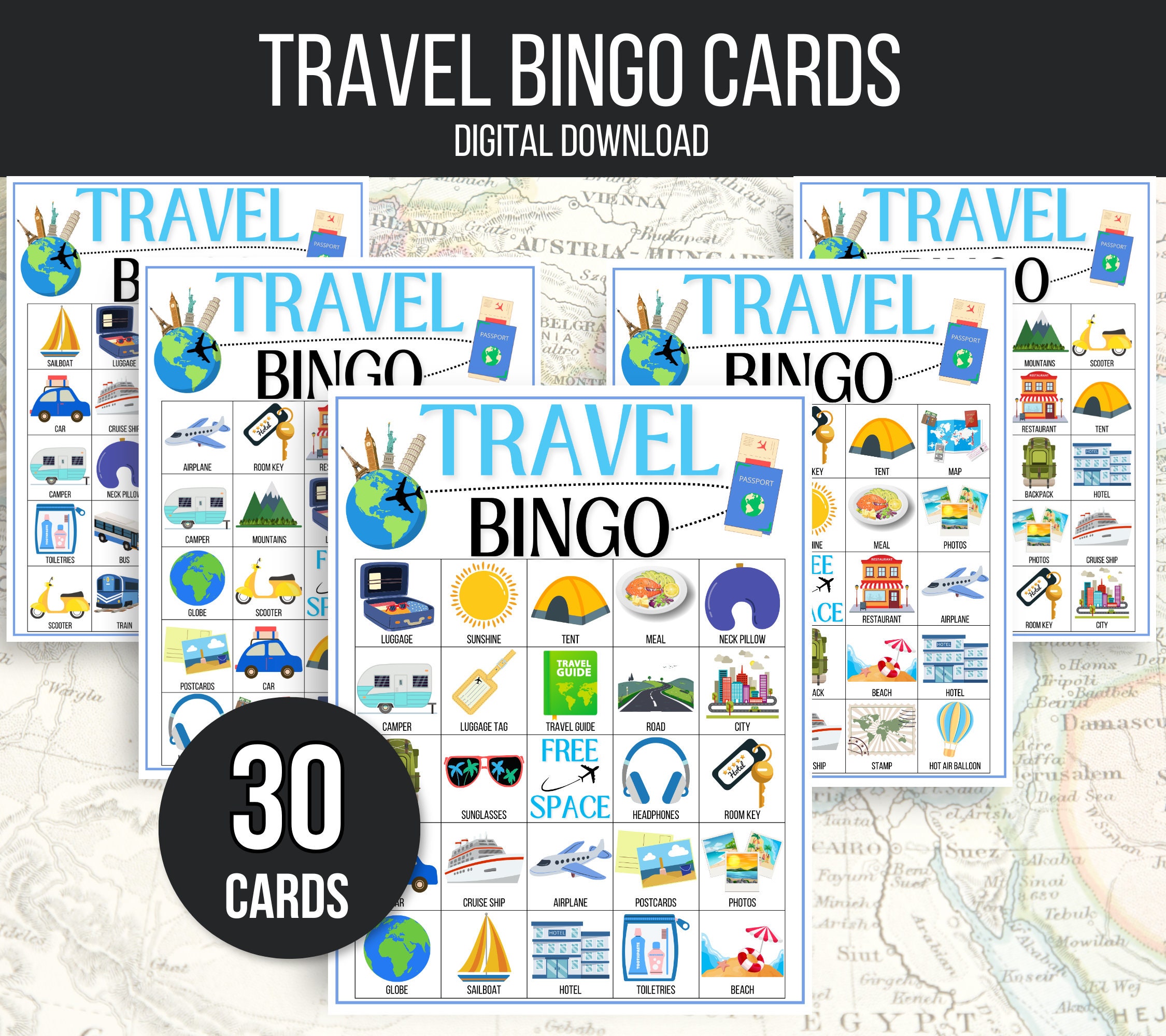 Travel Bingo, 30 Printable Travel Bingo Cards, Cruise Bingo, Road Trip ...