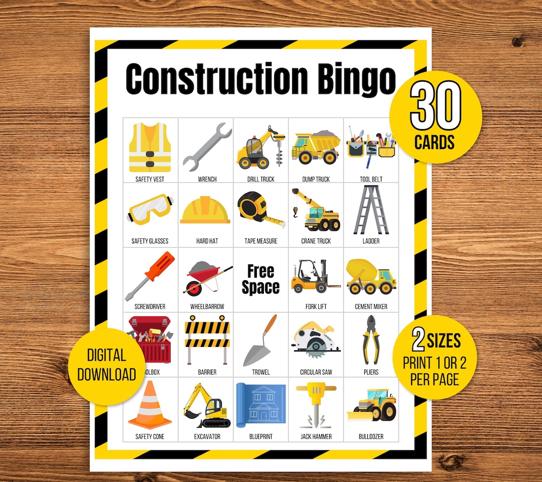 Construction Bingo, 30 Printable Construction Bingo Cards, Construction ...