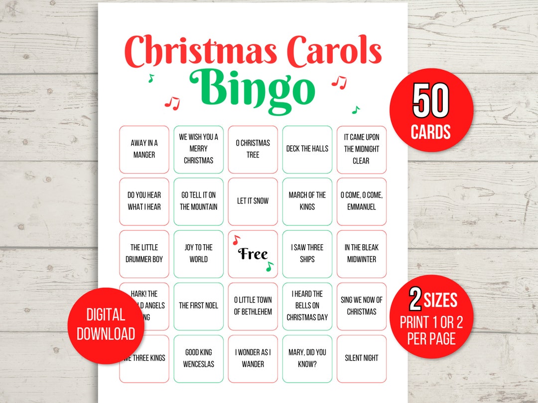 Christmas Carol Bingo, 50 Printable Christmas Carol Bingo Cards ...