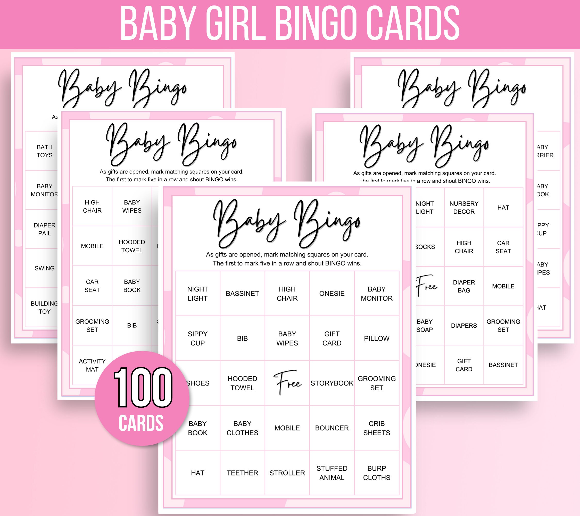 100 Baby Girl Bingo Cards, Baby Girl Bingo Game Cards, Baby Gift Bingo ...