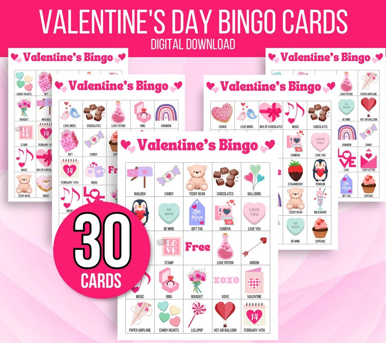 Valentine's Bingo, 30 Valentine's Day Bingo Cards for Kids, Valentines ...