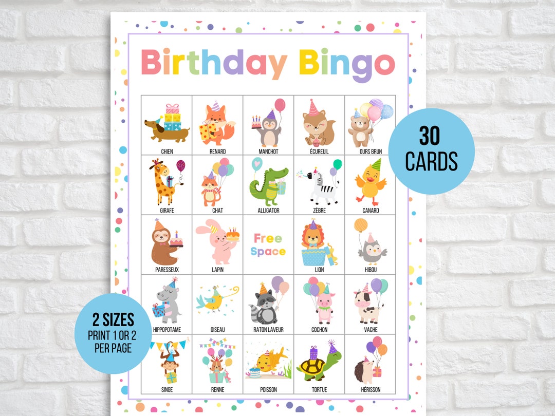 French Birthday Bingo, Birthday Party Game, Happy Birthday Bingo Board ...