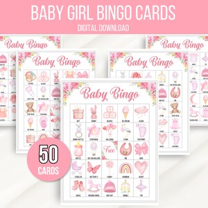 Baby Girl Bingo, 50 Baby Shower Bingo Cards, Baby Girl Shower Printable ...