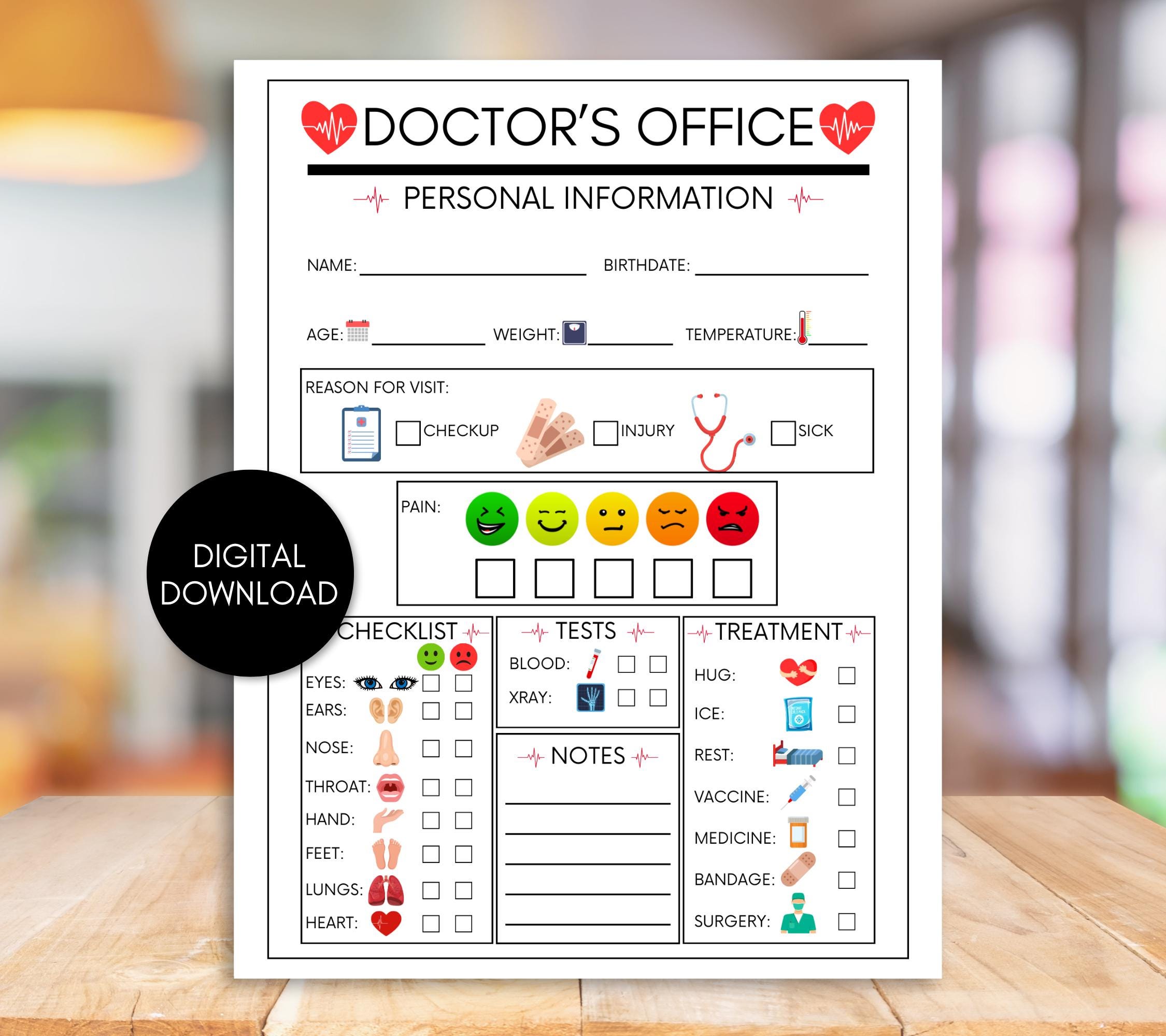 Doctors and Nurses Pretend Play, Patient Report Form, Doctor Printable ...