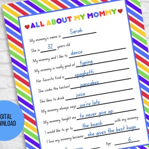 All About My Mom Fill in the Blanks Questionnaire, Mother's Day Craft ...