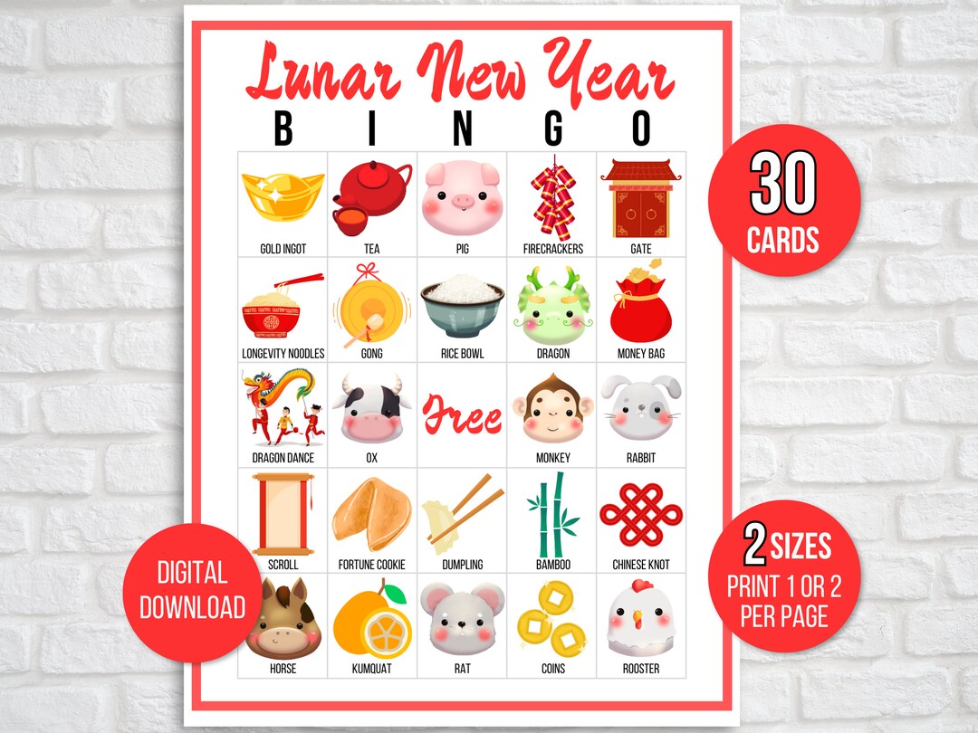Lunar New Year Bingo, 30 Lunar New Year Bingo Cards, Lunar New Year ...
