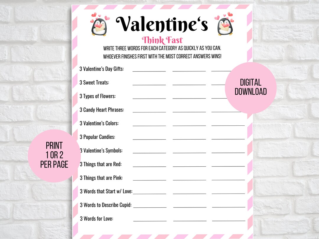 Think Fast Valentine's Day Game, Fun Valentine's Game, Printable ...