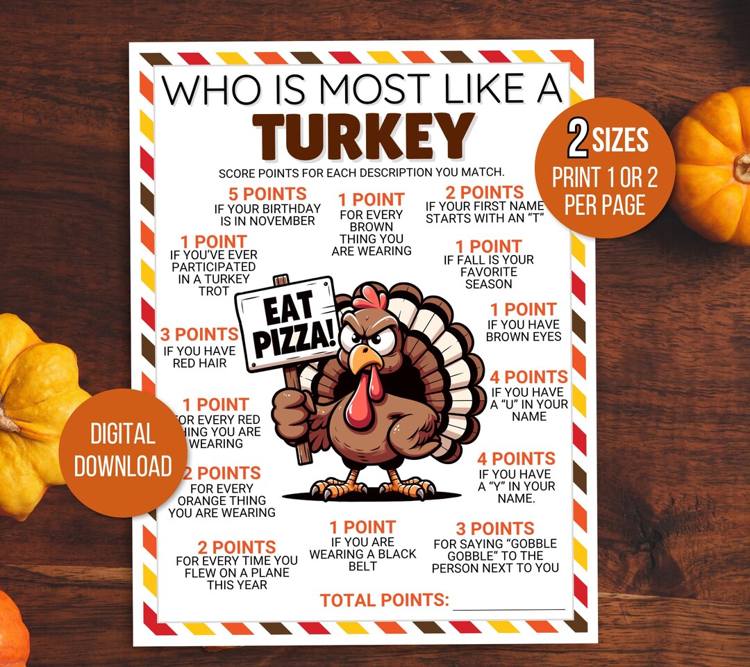 Thanksgiving Game, Who is Most Like a Turkey Game, Thanksgiving ...