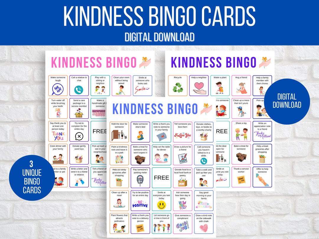 Kindness Bingo, 3 Kindness Bingo Cards, Acts of Kindness Bingo, Kid's ...