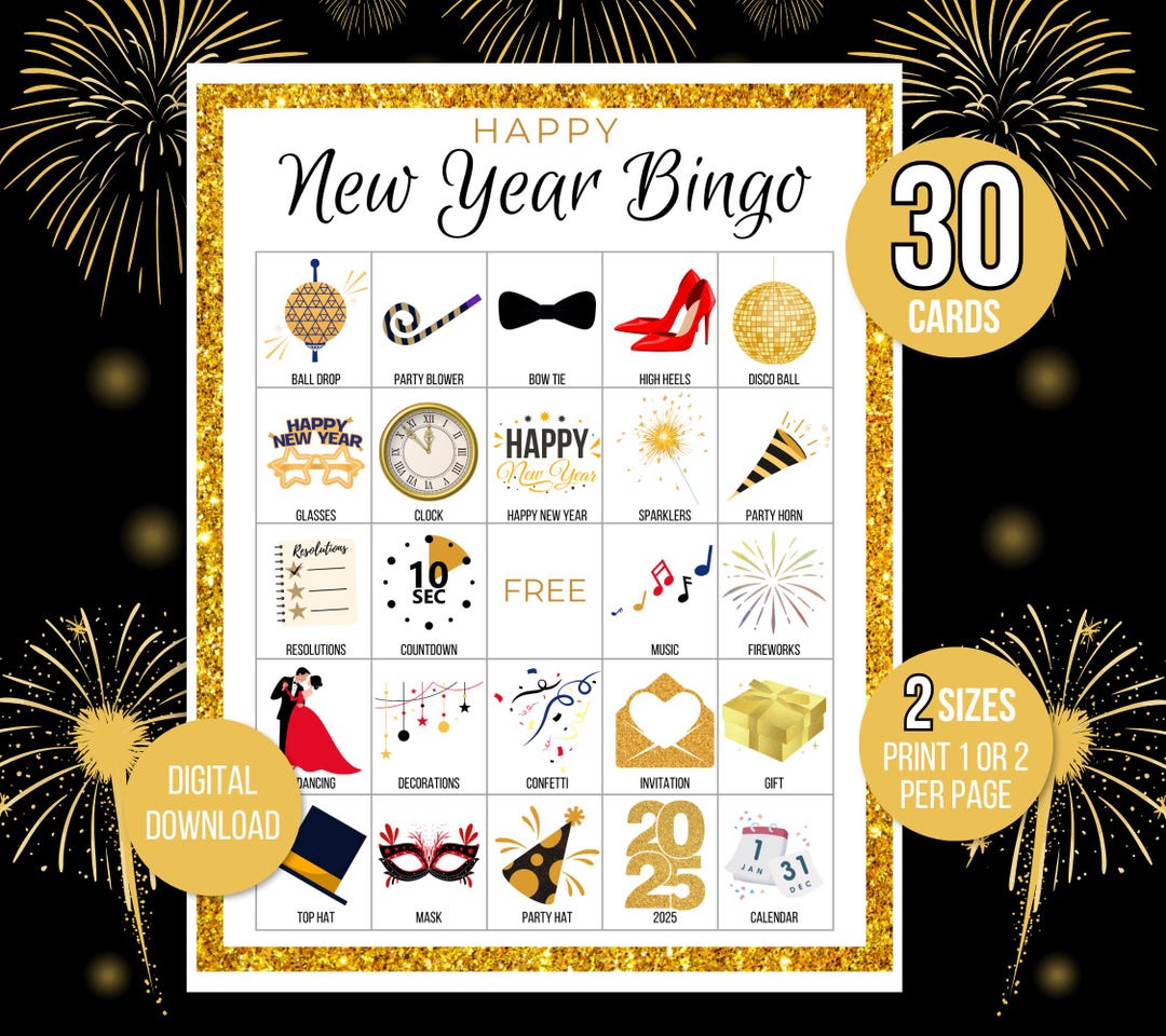 New Year's Bingo, 30 Happy New Year's Eve Bingo Cards, New Year's ...