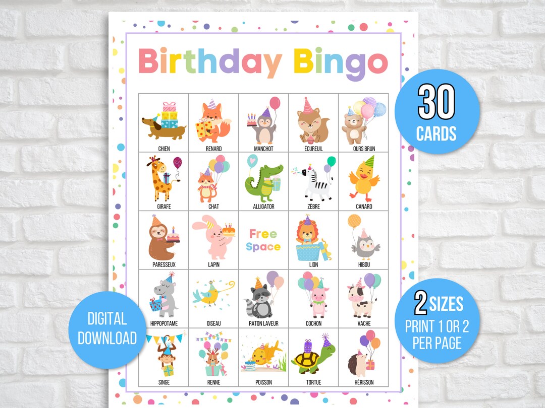 French Birthday Bingo, Birthday Party Game, Happy Birthday Bingo Board ...